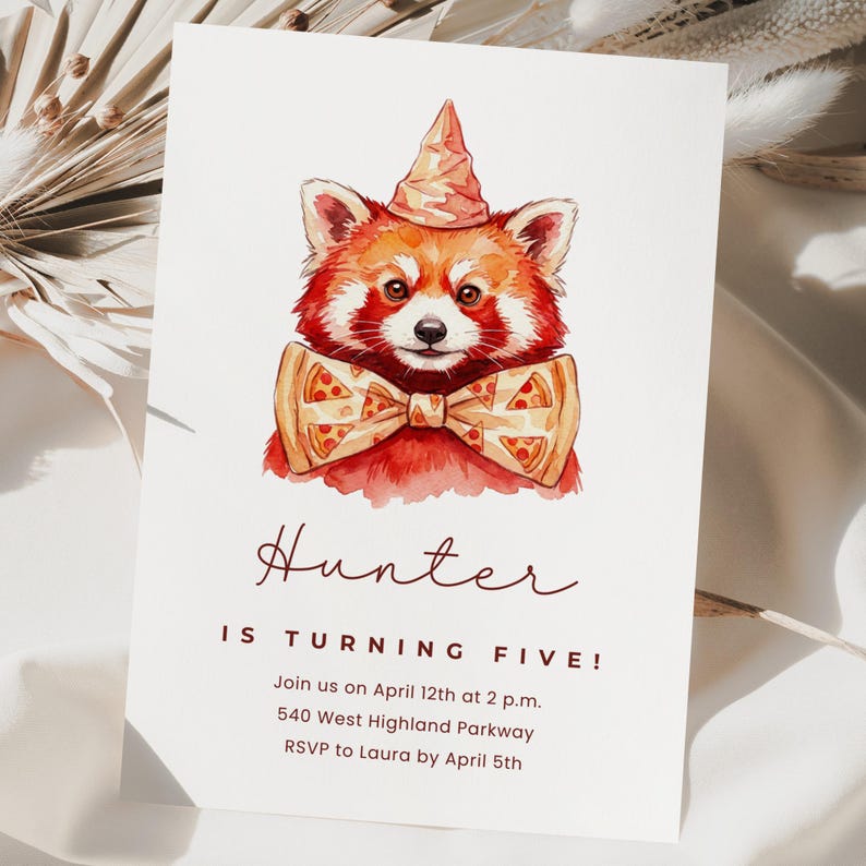 Red Panda Pizza Birthday Canva Invite Template, Watercolor Party Animal ...