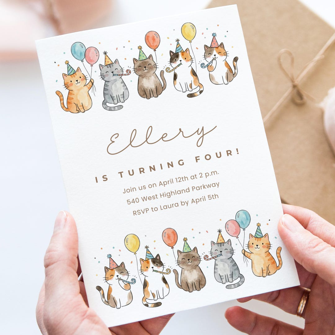 Watercolor Cat Birthday Invite Canva Template, Editable Kids Party ...