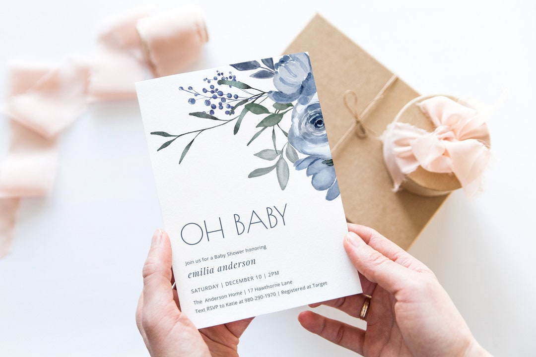 Blue Floral Baby Shower Invitation Template Printable - Etsy