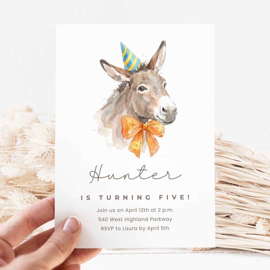 Watercolor Donkey Birthday Invitation, Canva Invite Template, Farm ...