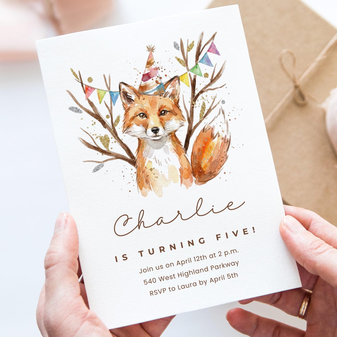 Fox Birthday Invite Canva Template, Watercolor Animal Party Invitation ...