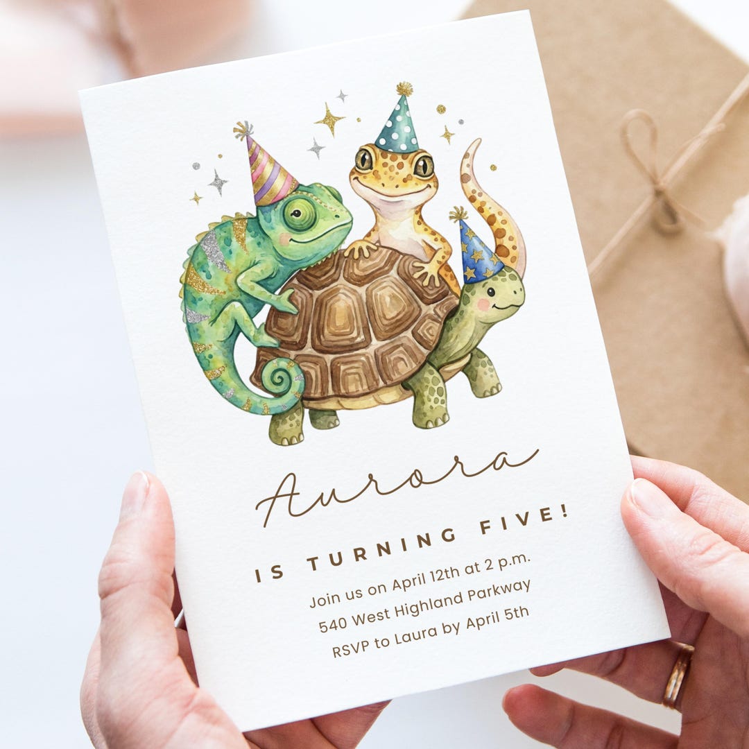Reptile Birthday Canva Invite Template, Turtle Gecko Chameleon Party ...