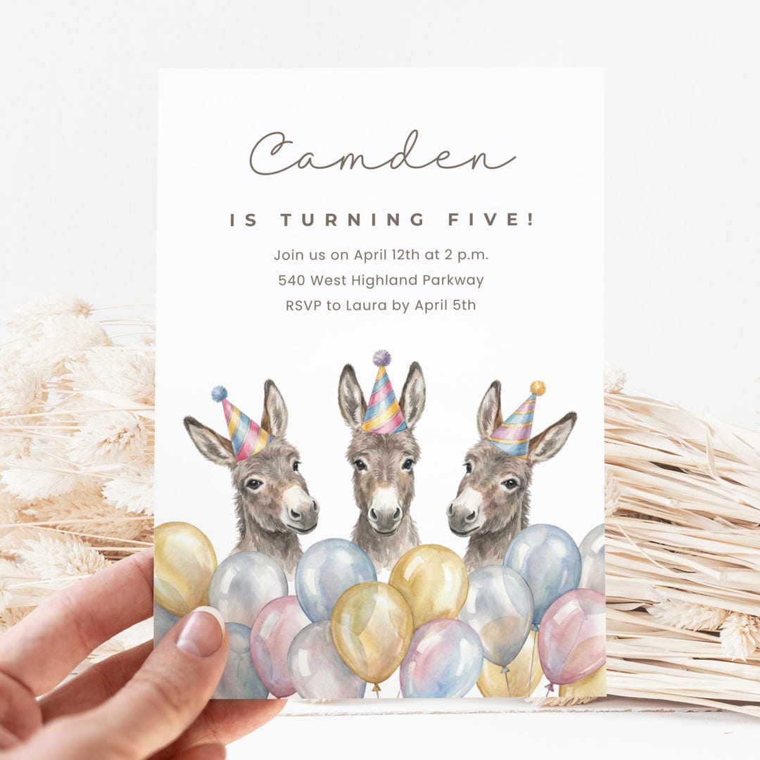 Watercolor Donkey Birthday Canva Invite Template, Balloons Party ...