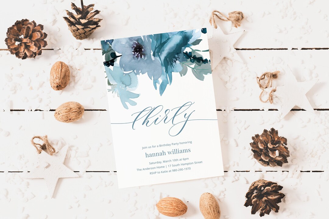Blue Floral Birthday Party Invitation Printable Editable - Etsy