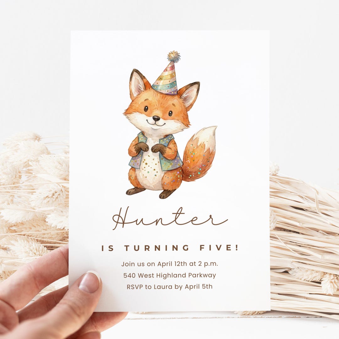 Fox Birthday Invitation Canva Template, Watercolor Party Invite ...