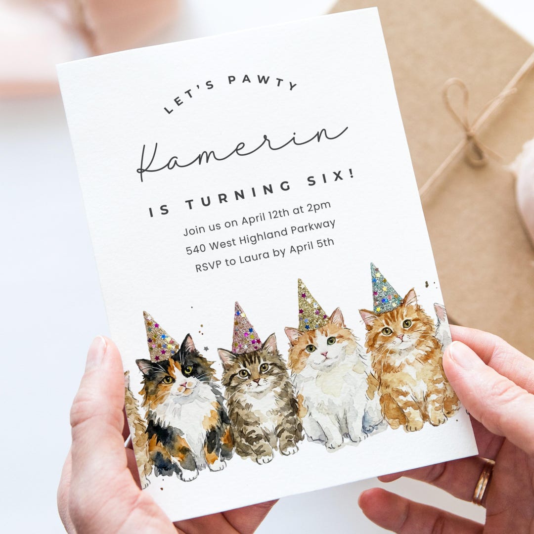 Cat Birthday Invitation Canva Template, Kitten Party, Watercolor Cats ...