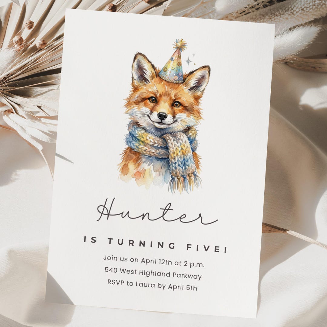 Fox Birthday Party Invite, Canva Template, Watercolor Animals, Edit and ...