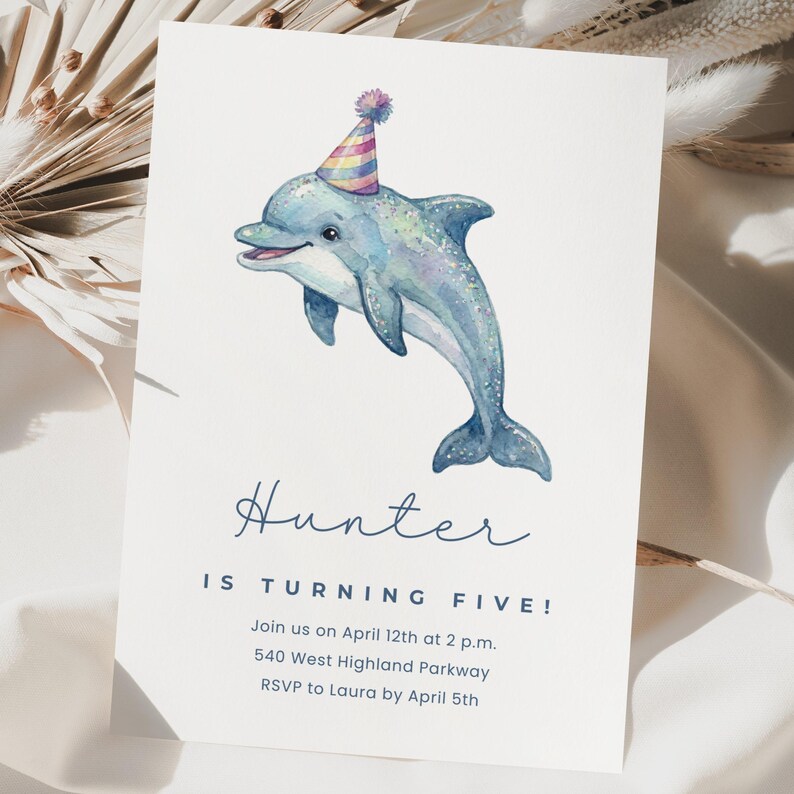 Dolphin Birthday Canva Invite, Watercolor Party, Ocean Theme Template ...