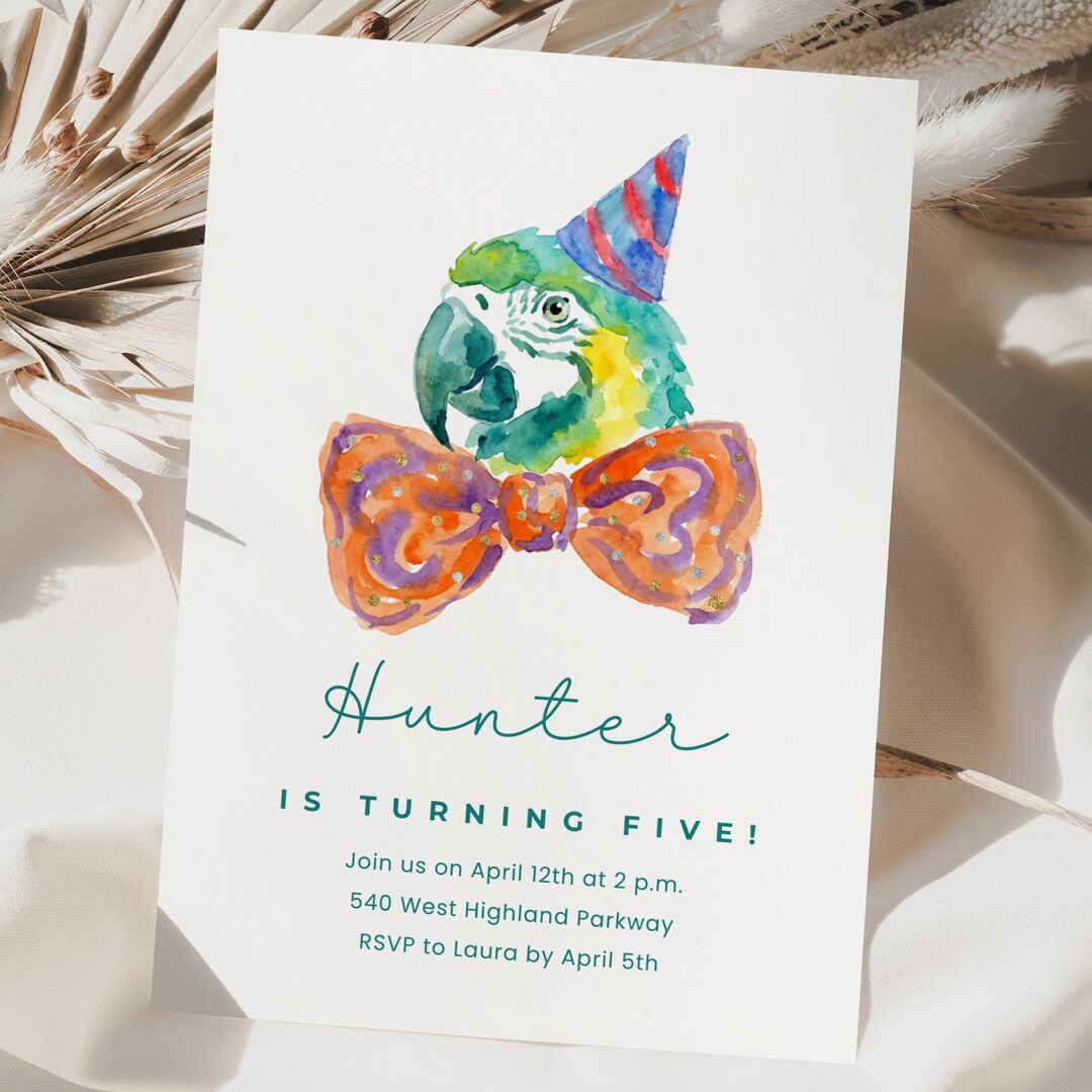 Parrot Birthday Invitation Canva Template, Cute Watercolor Bird Invite ...