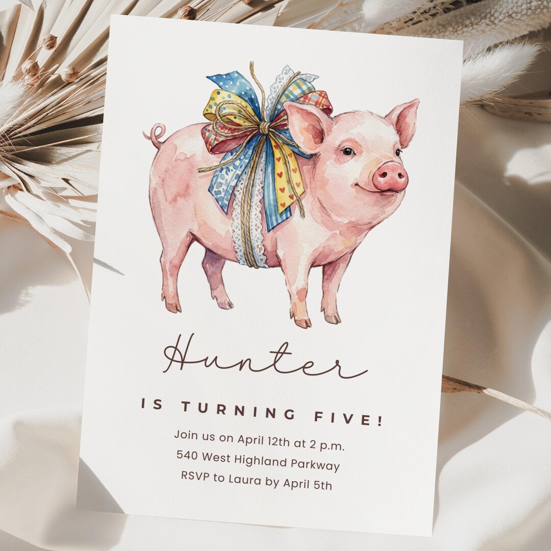 Watercolor Pig Canva Invite Template, Farm Birthday Invitation ...
