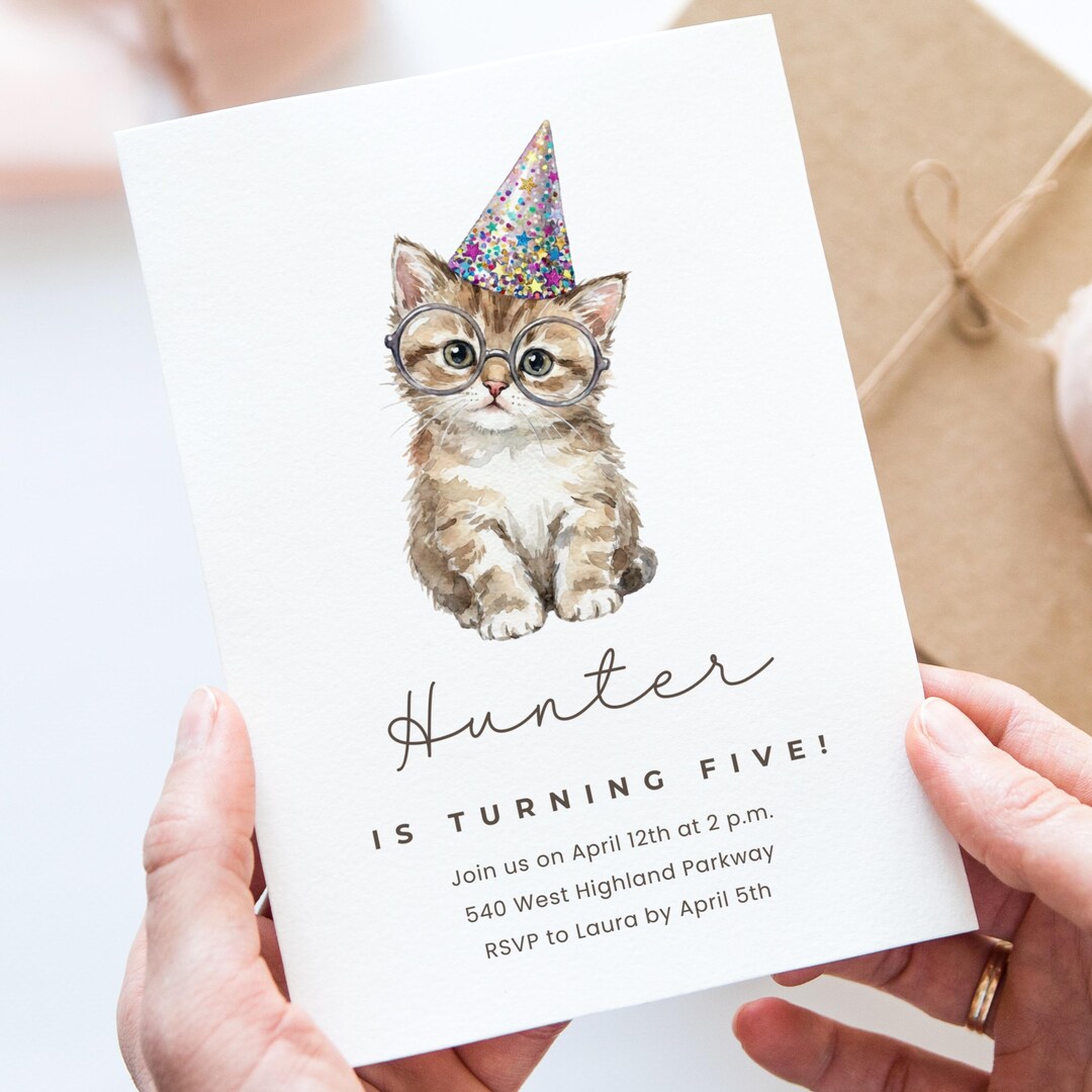 Kitten Birthday Invite, Canva Template, Watercolor Cat Party Invitation ...