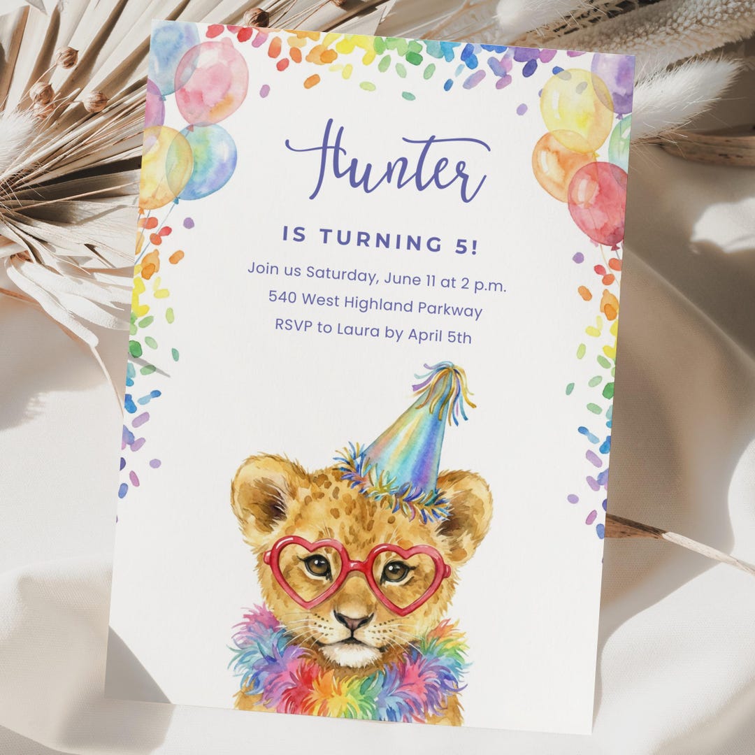Lion Birthday Invitation Canva Template, Party Animal Invite, Rainbow ...