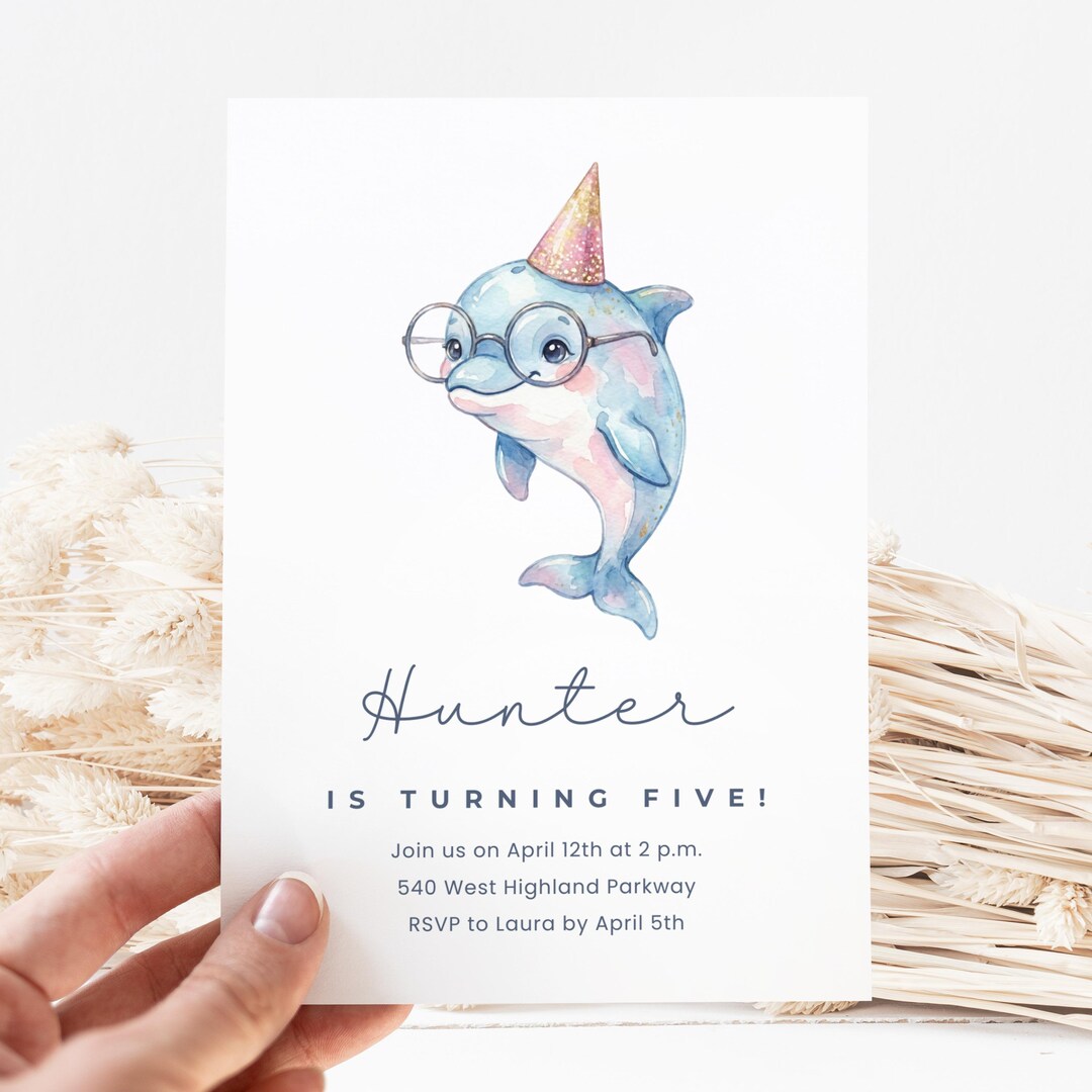 Dolphin Birthday Invitation, Canva Invite Template, Watercolor Party ...