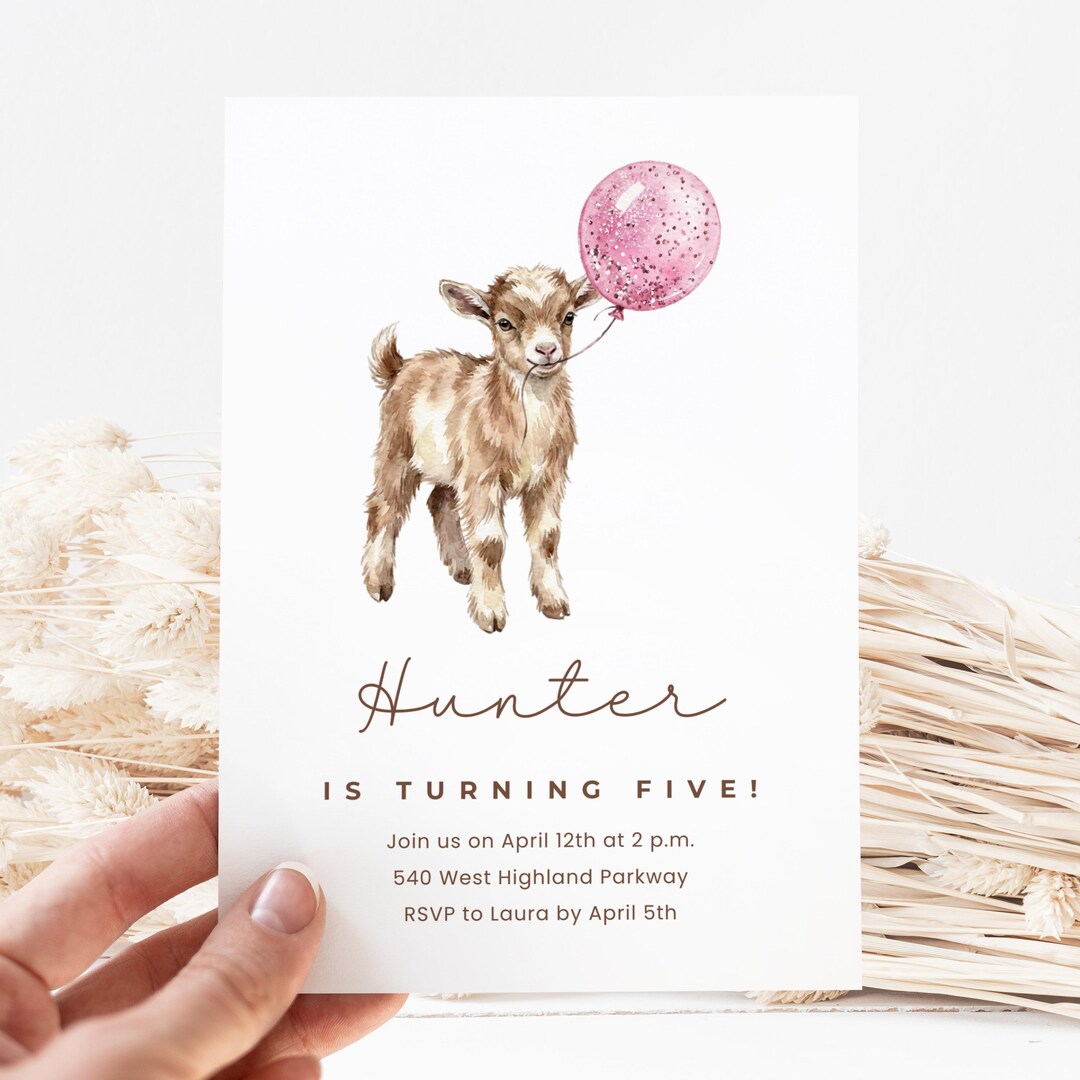 Goat Birthday Canva Invite Template, Farm Animal Party, Watercolor ...