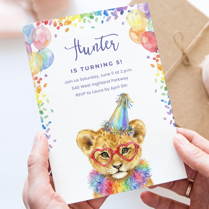 Lion Birthday Invitation Canva Template, Party Animal Invite, Rainbow ...