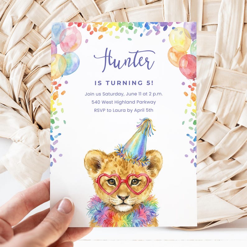 Lion Birthday Invitation Canva Template, Party Animal Invite, Rainbow ...