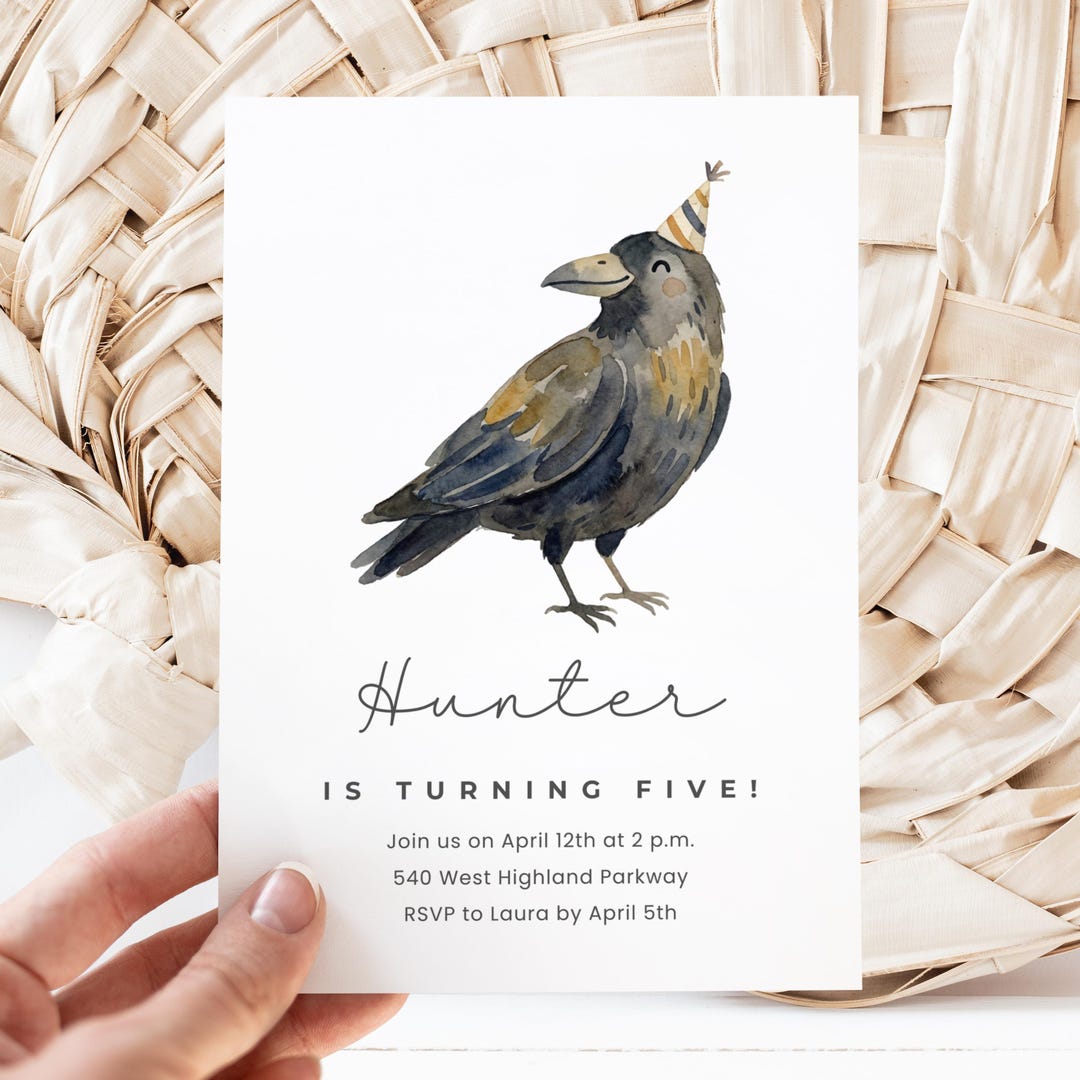 Watercolor Raven Birthday Canva Invite Template, Bird Party Invitation ...