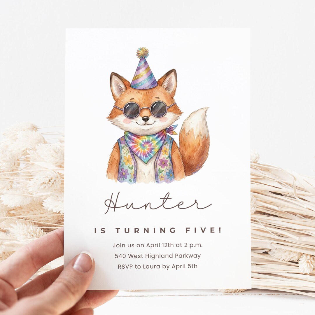 Fox Birthday Invitation Canva Template, Watercolor Animal Party Invite ...
