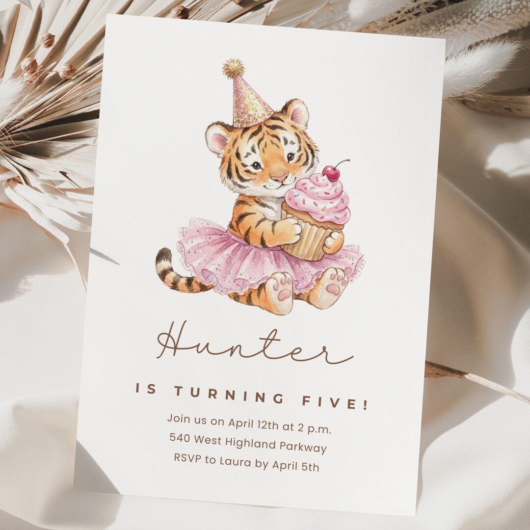 Tiger Birthday Canva Invite Template, Girl Birthday Invite, Editable ...