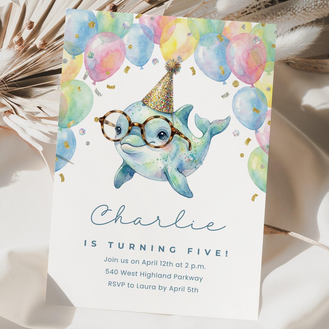 Dolphin Birthday Canva Invite Template, Watercolor Balloons, Editable ...