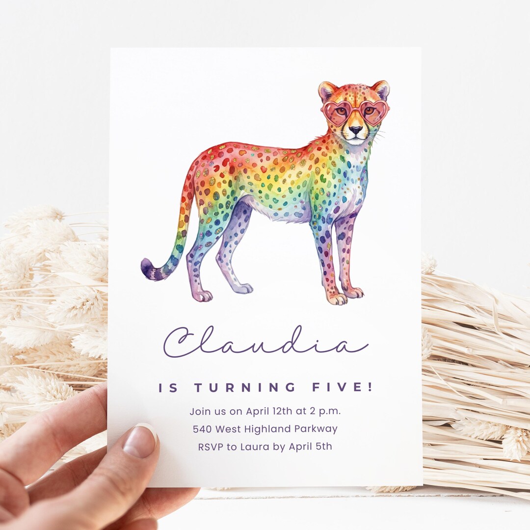 Cheetah Birthday Canva Invite Template, Rainbow Leopard Party ...