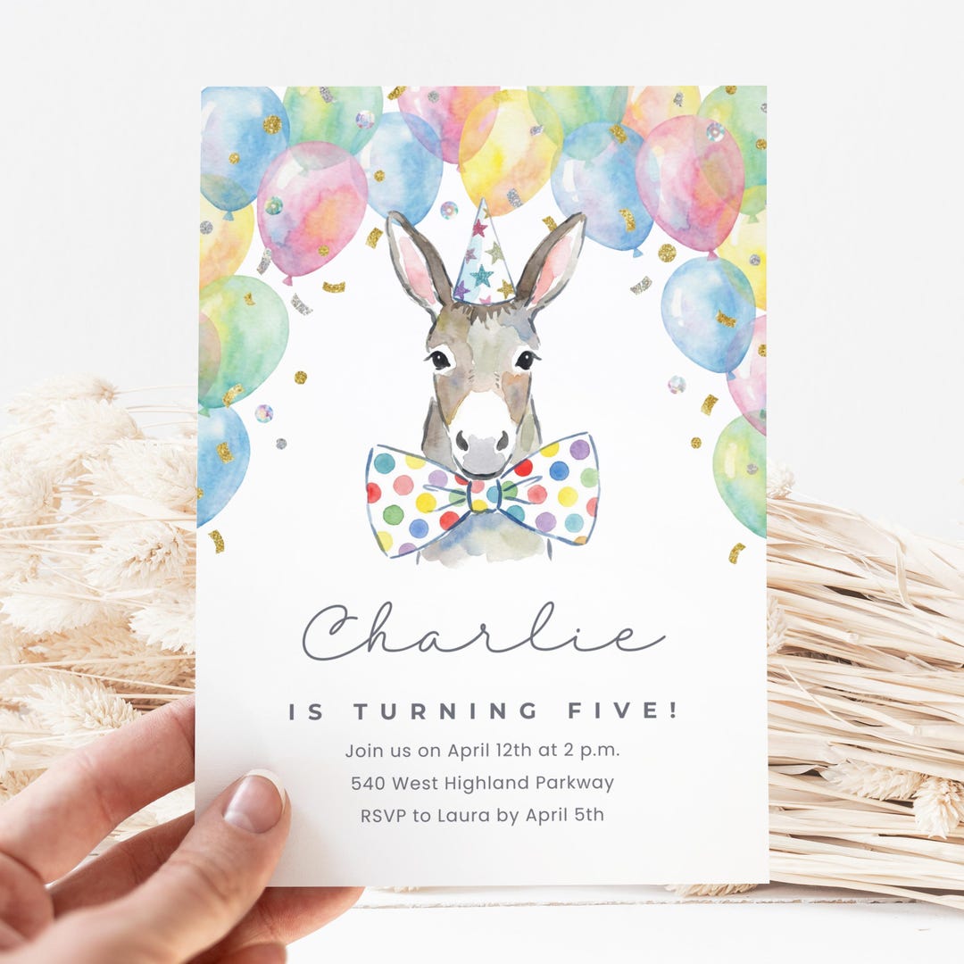 Watercolor Donkey Birthday Canva Invite Template, Cute Animal Party ...