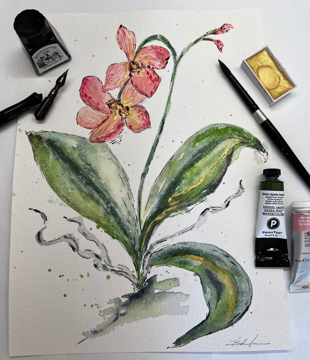 Hand-painted, Pink, Orchid, Original, Signed Watercolor, Included ...