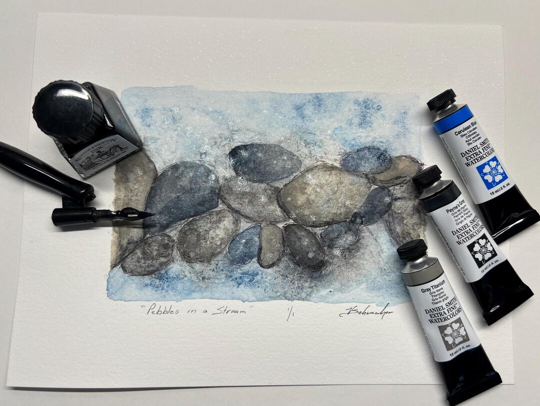 Pebbles in a Stream, Hand-painted Orginal Watercolor, Signed and Titled ...