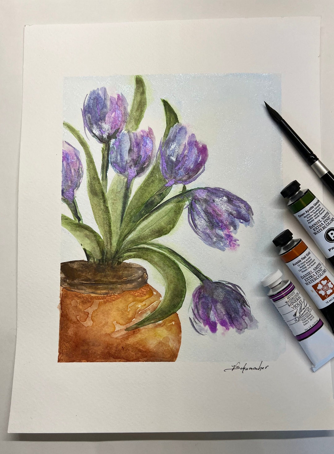 Tulips in Terracotta Pot, Original Signed Watercolor, Lovely Periwinkle ...
