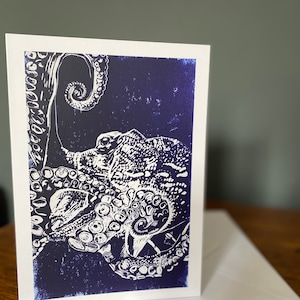 Octopus Greeting Card A5 Fine Art Lino Print Animal Sea Ocean Birthday ...