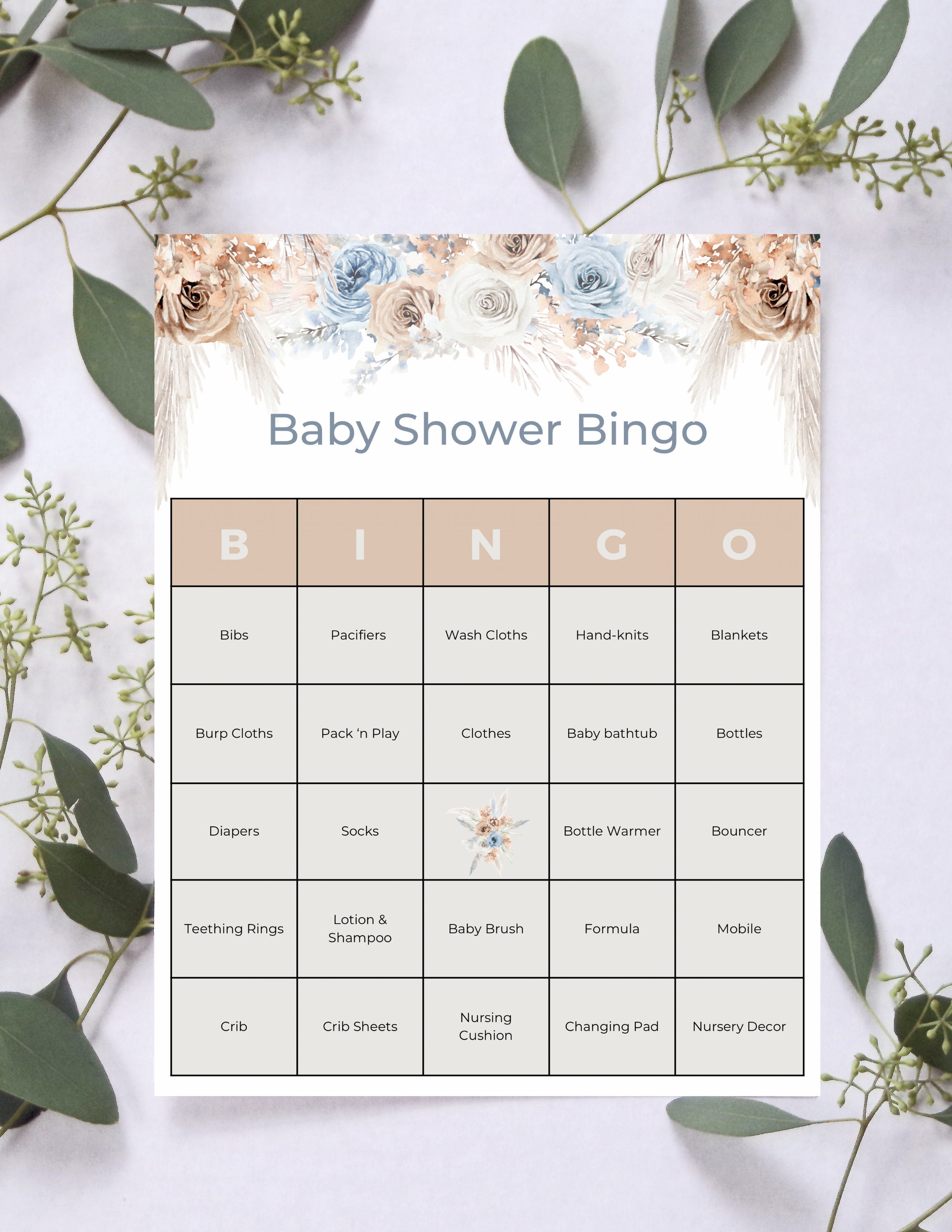 Digital Customizable Watercolor Roses Boho Baby Shower Bingo Game Canva ...