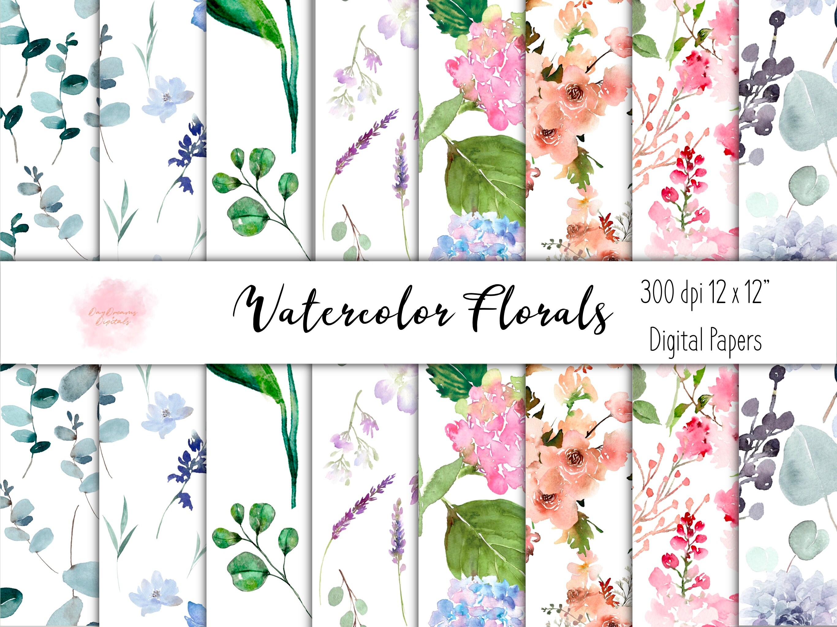 Watercolor Florals Digital Papers - Printable, Seamless, Floral Pattern ...