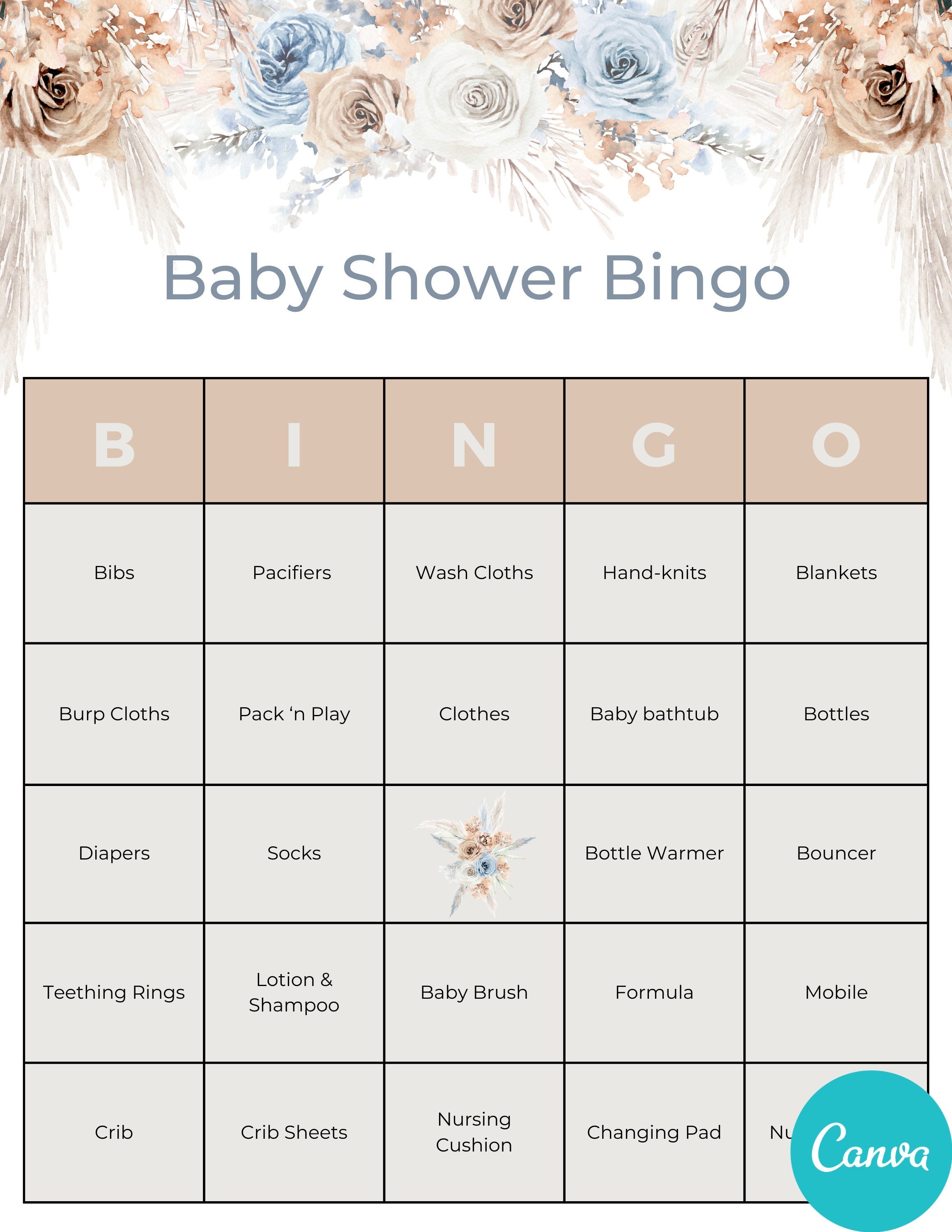 Digital Customizable Watercolor Roses Boho Baby Shower Bingo Game Canva ...