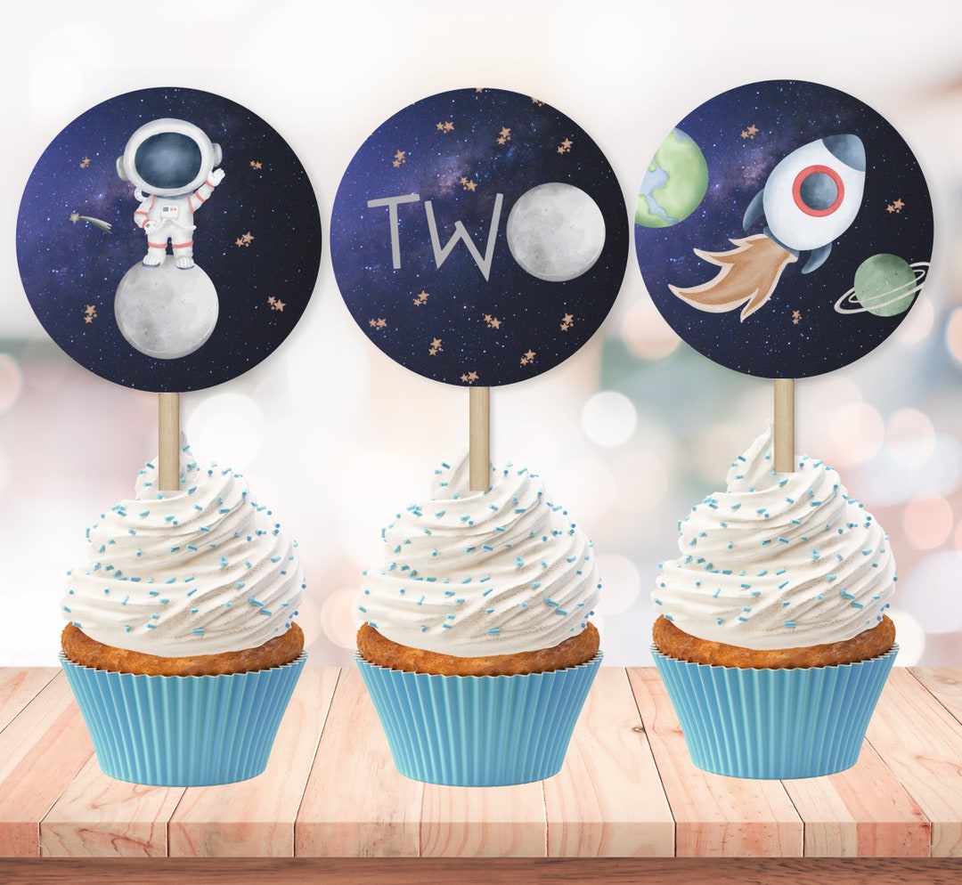Two the Moon Cupcake Topper 2nd Birthday Party Outer Space Toppers ...