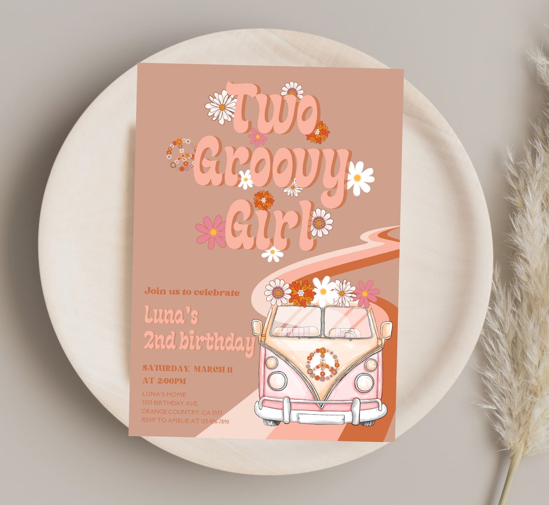 Two Groovy Girl Birthday Invitation Editable Groovy Girl 2nd Birthday ...