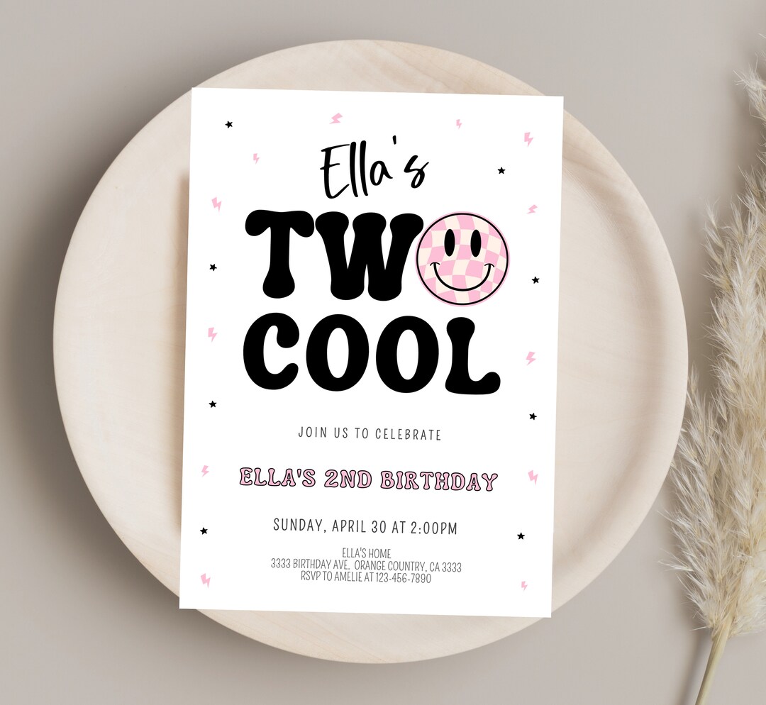 Two Cool Invitation for Girl Happy Face Invite Smile Face Pink ...