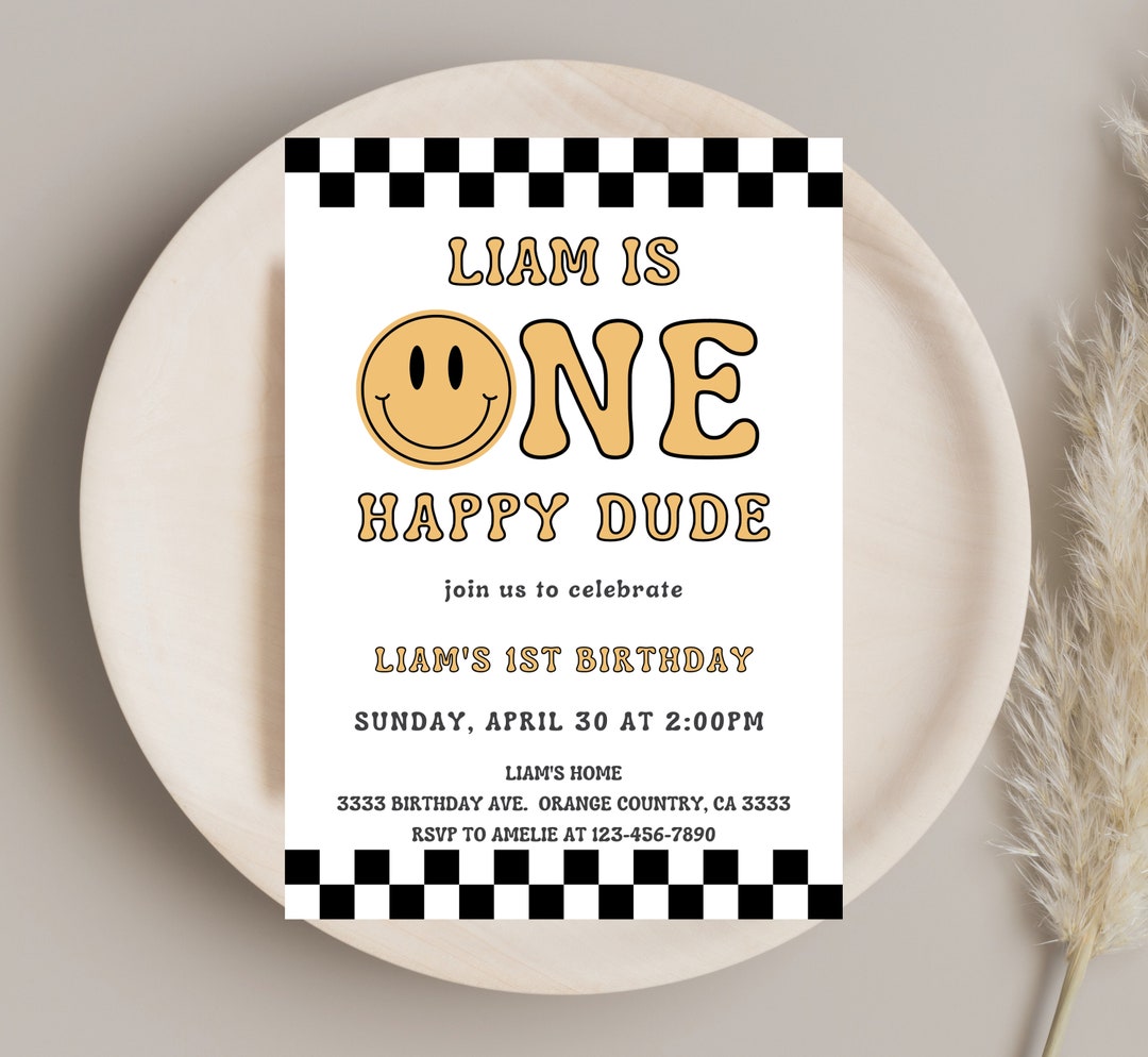 One Happy Dude Birthday Invitation, Checkered Birthday Invitation, 1st ...