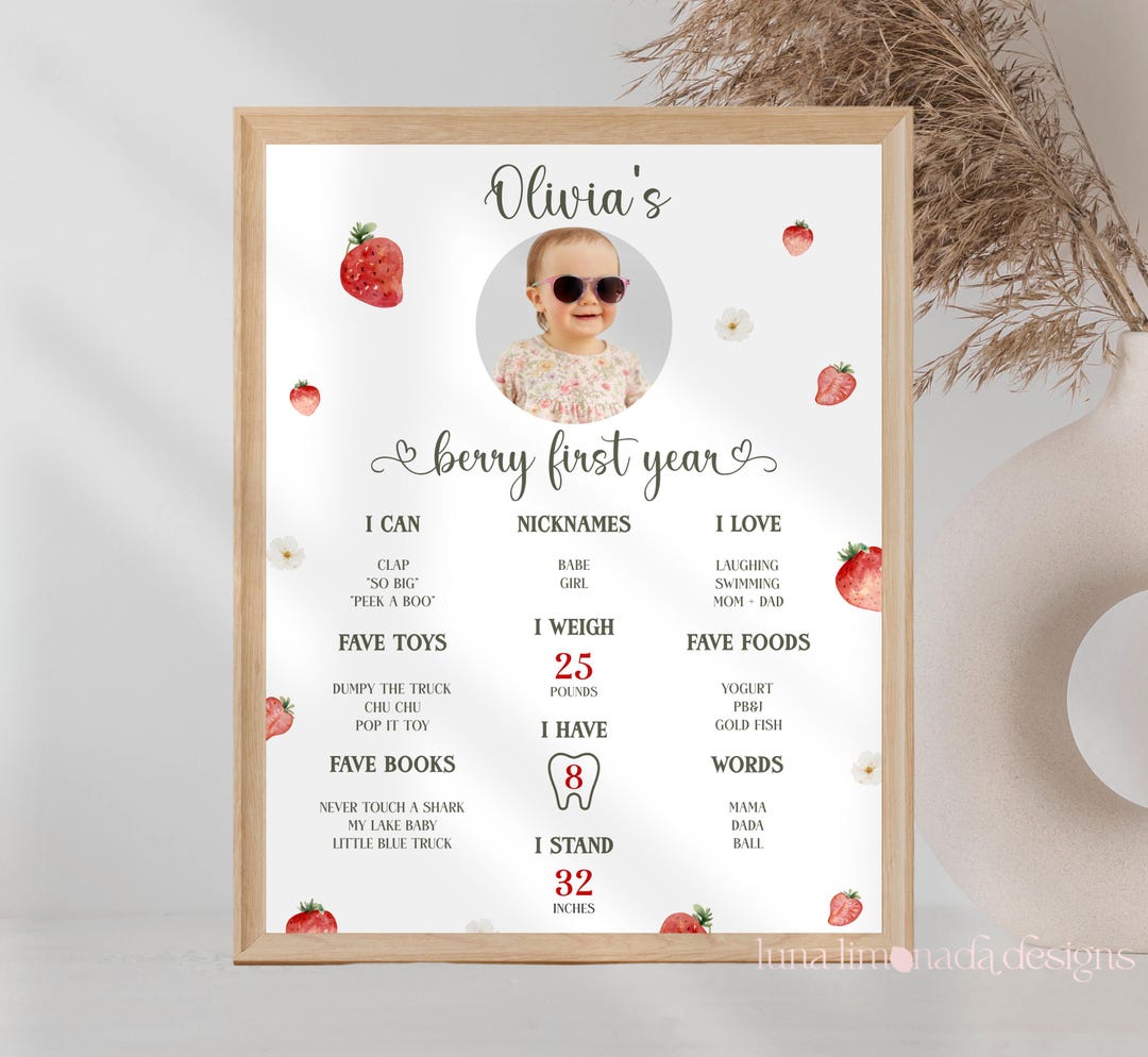 EDITABLE Berry First Milestone Sign, Modern Strawberry Milestone Poster ...