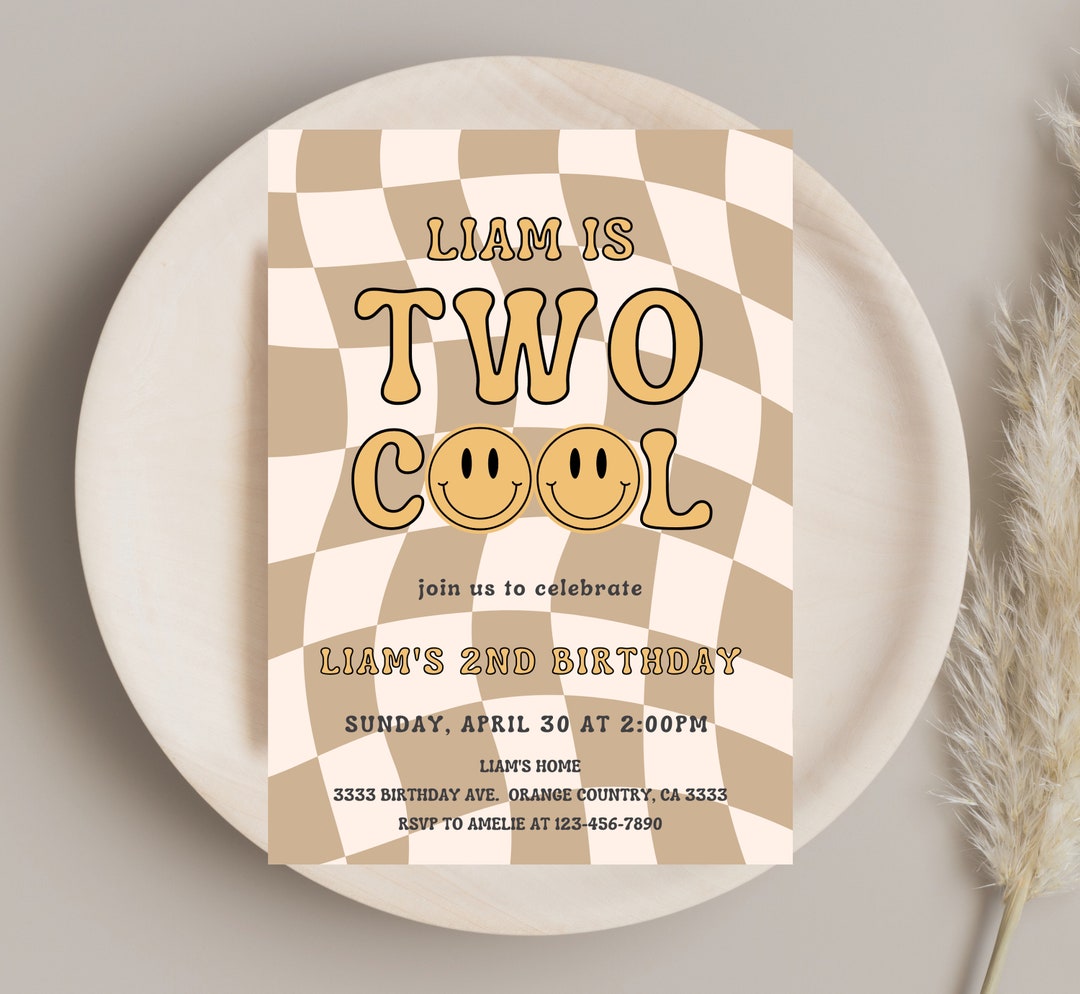 Two Cool Invitation for Boy Happy Face Invite Checkered Invitation ...