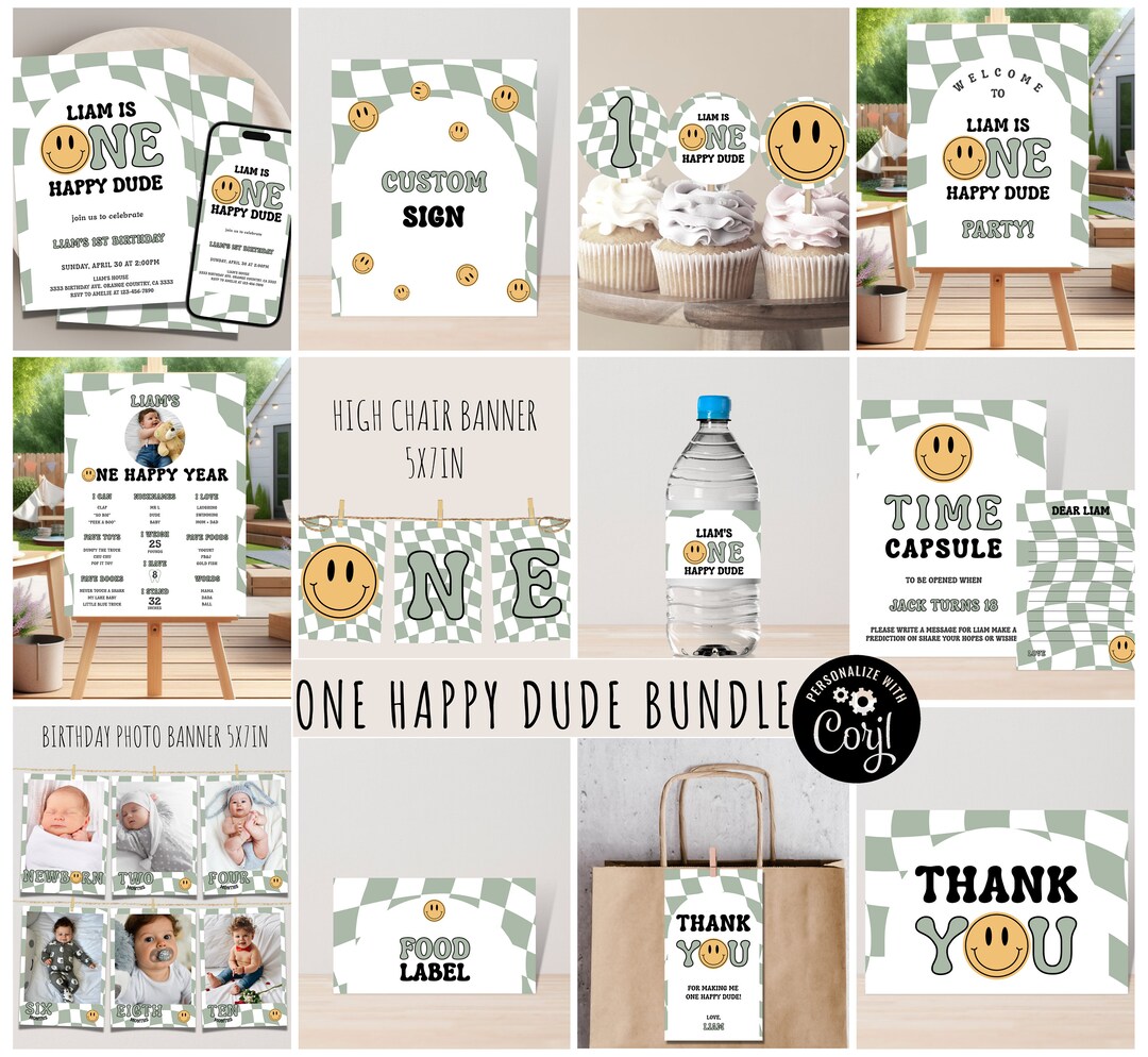 Editable One Happy Dude Bundle Green Color One Happy Dude Birthday Set ...