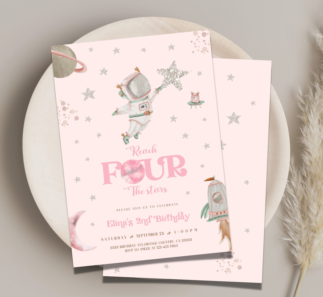 Reach Four the Stars Invitation, Girl Galaxy 4th Birthday Invitation ...
