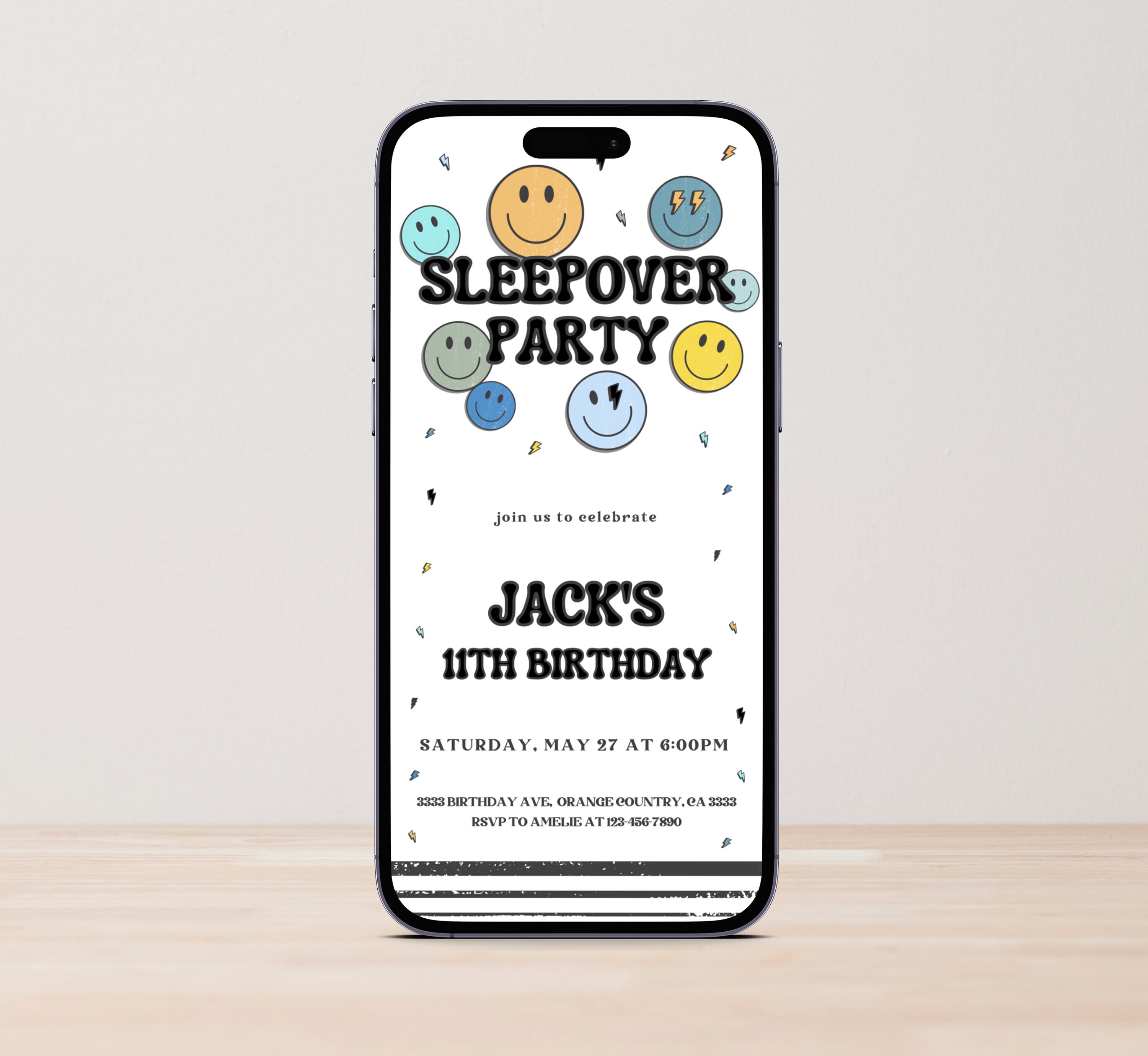 Sleepover E-invite Smiley Face 11th Birthday Invitation - Etsy