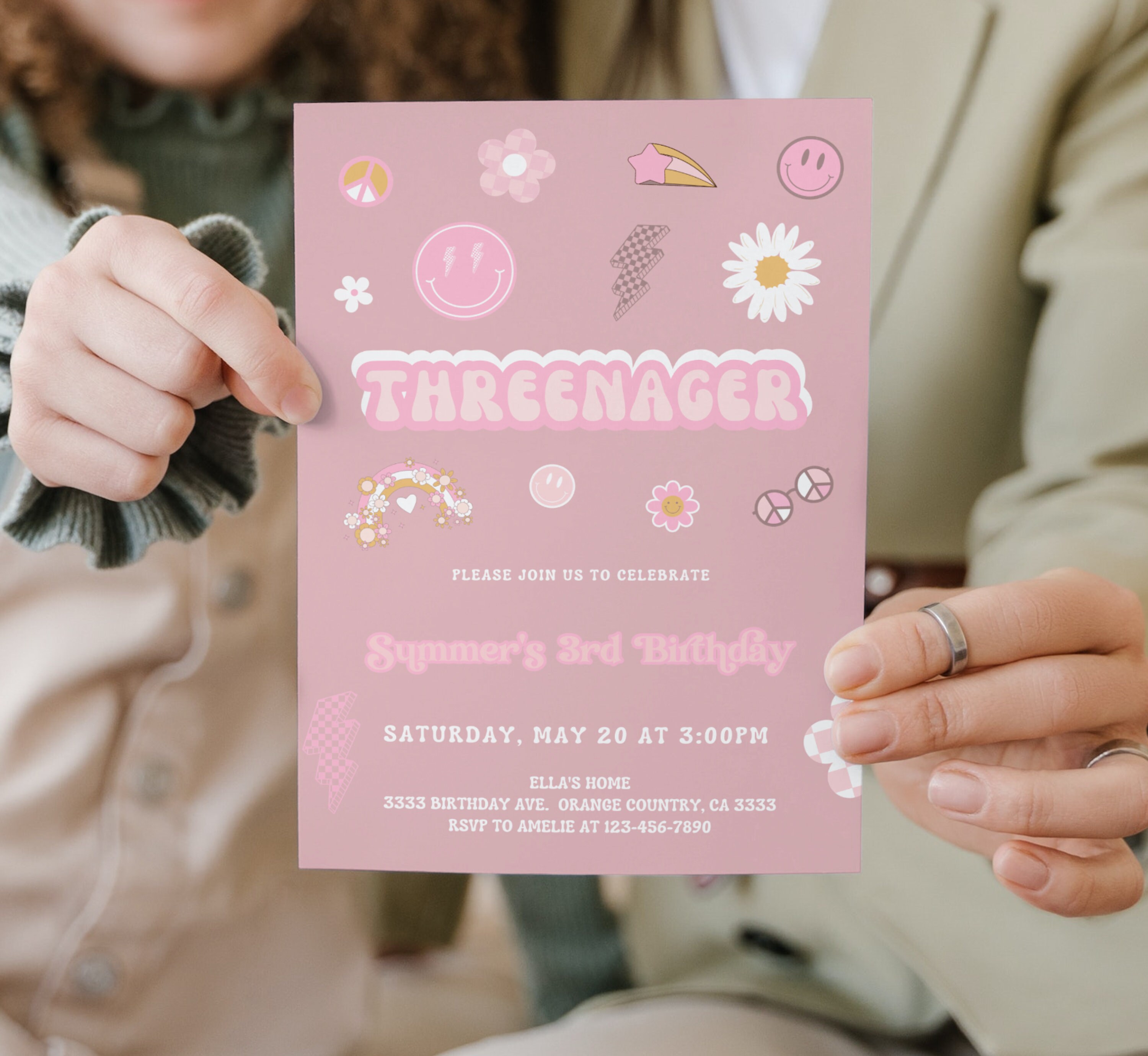 Threenager Birthday Invitation, Groovy 3rd Birthday Invitation, Smile ...