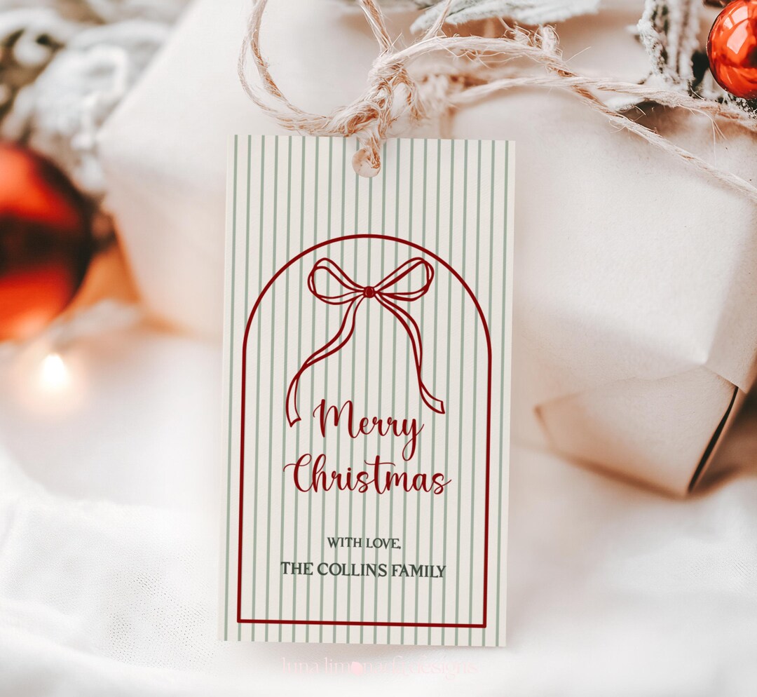 Editable Christmas Gift Tag, Bow Hand Drawn Christmas Favor Tag (corjl ...
