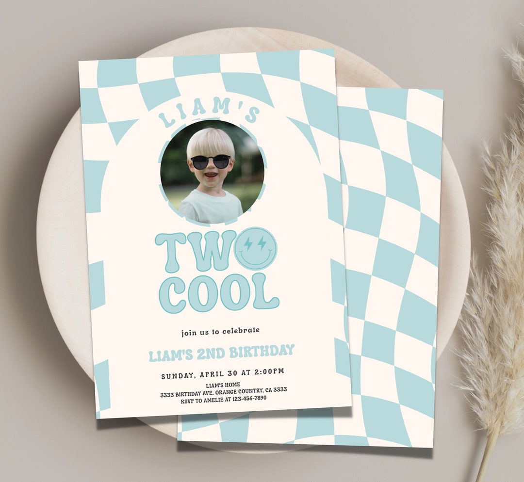 Two Cool Invitation, Checkered 2nd Birthday Invitation, Editable Smile ...