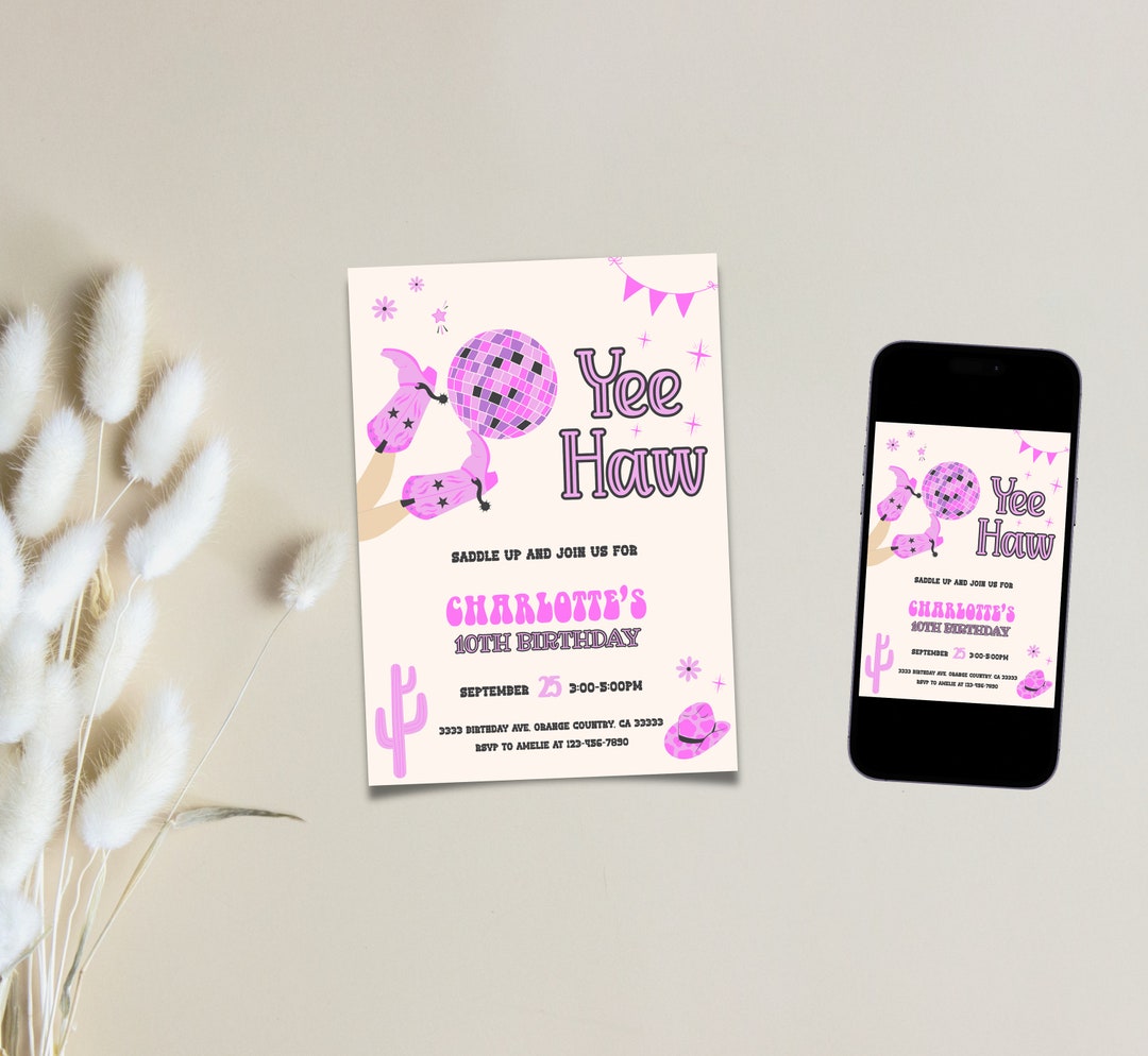 Yee Haw Birthday Invitation, Cowgirl Invitation Template, Disco Cowgirl ...