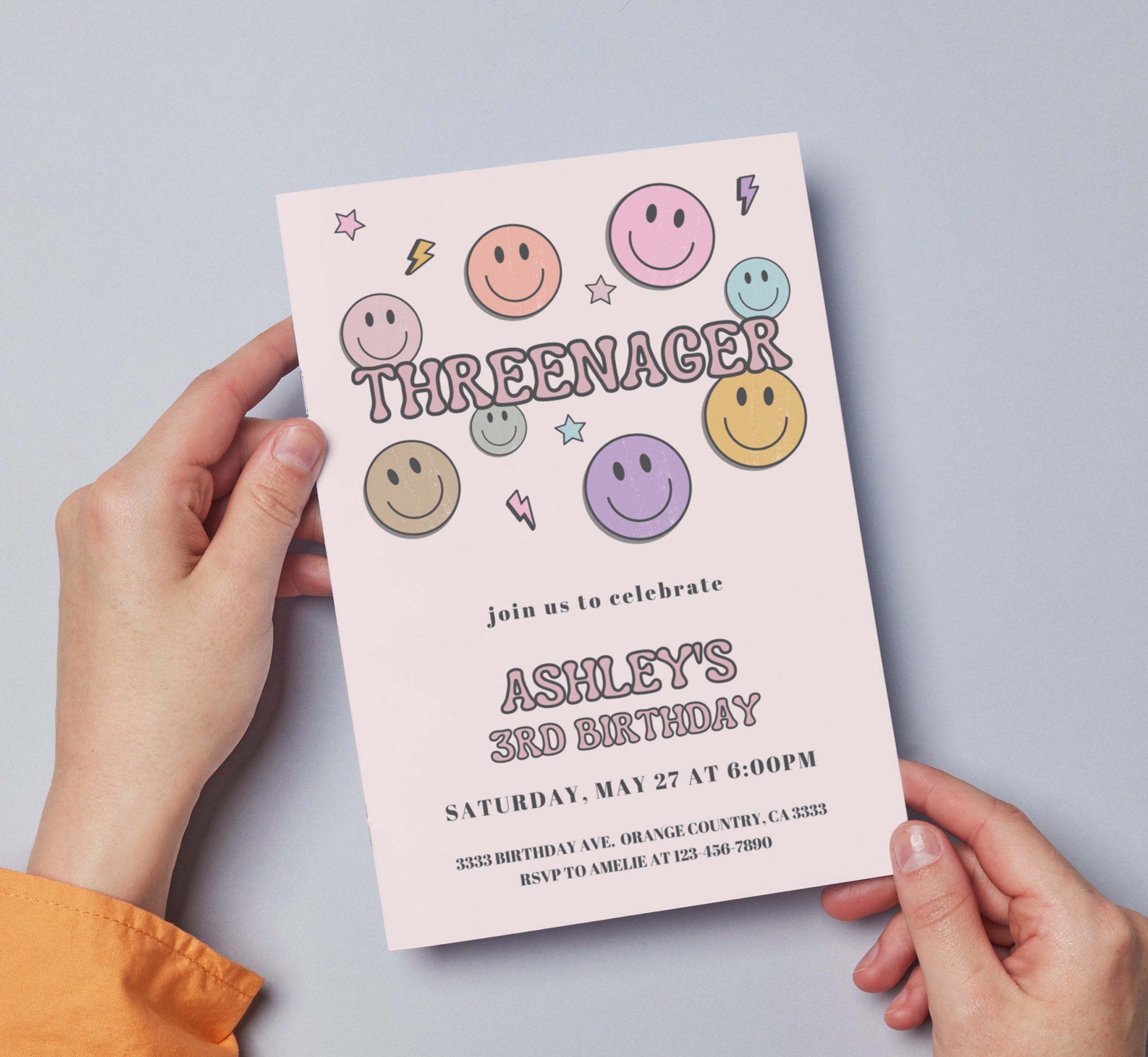 Smiley Face 3rd Birthday Invitation: Threenager Party (digital Download ...