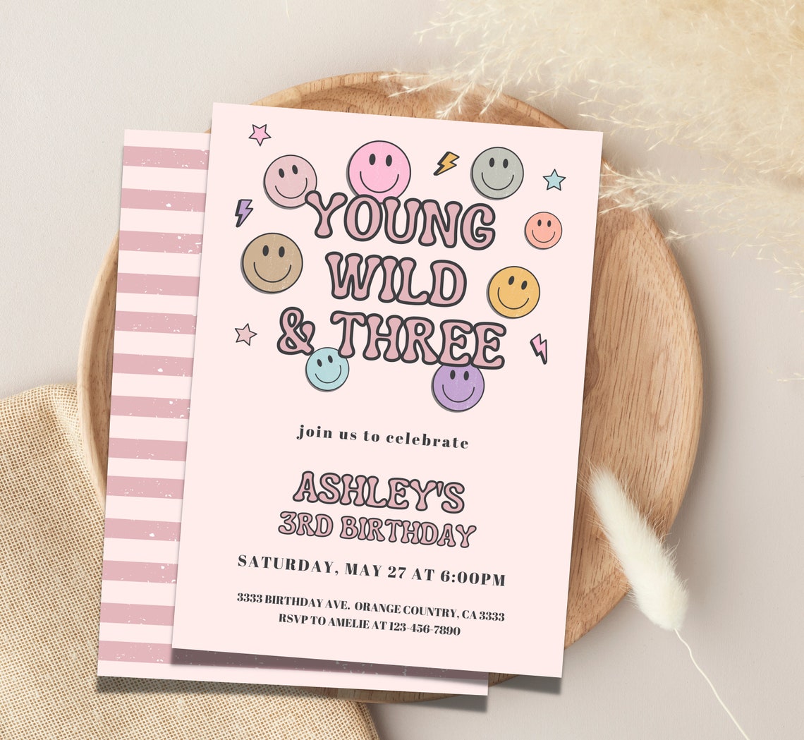 Smiley Face 3rd Birthday Invitation: Editable Template (digital ...