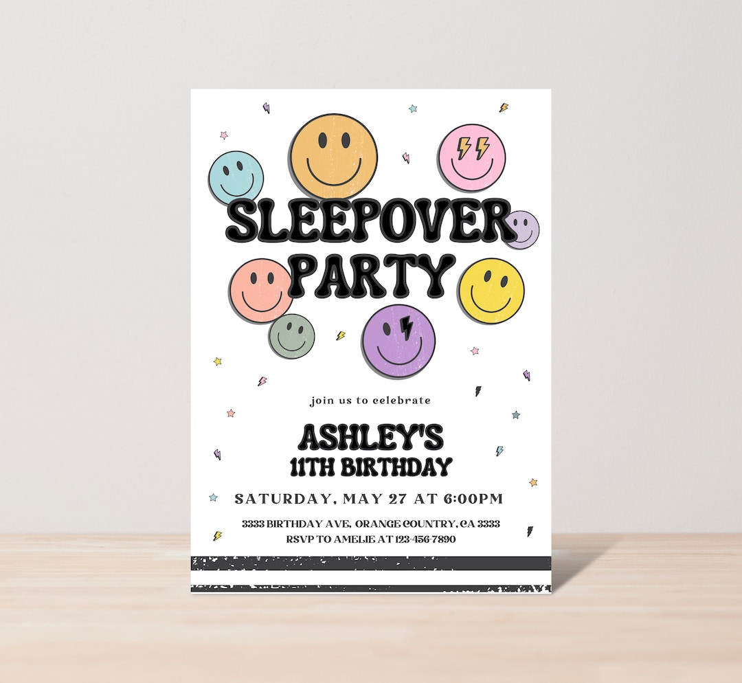 Sleepover Birthday Invite Smiley Face Invite 8th 9th 10th 11th 12th ...