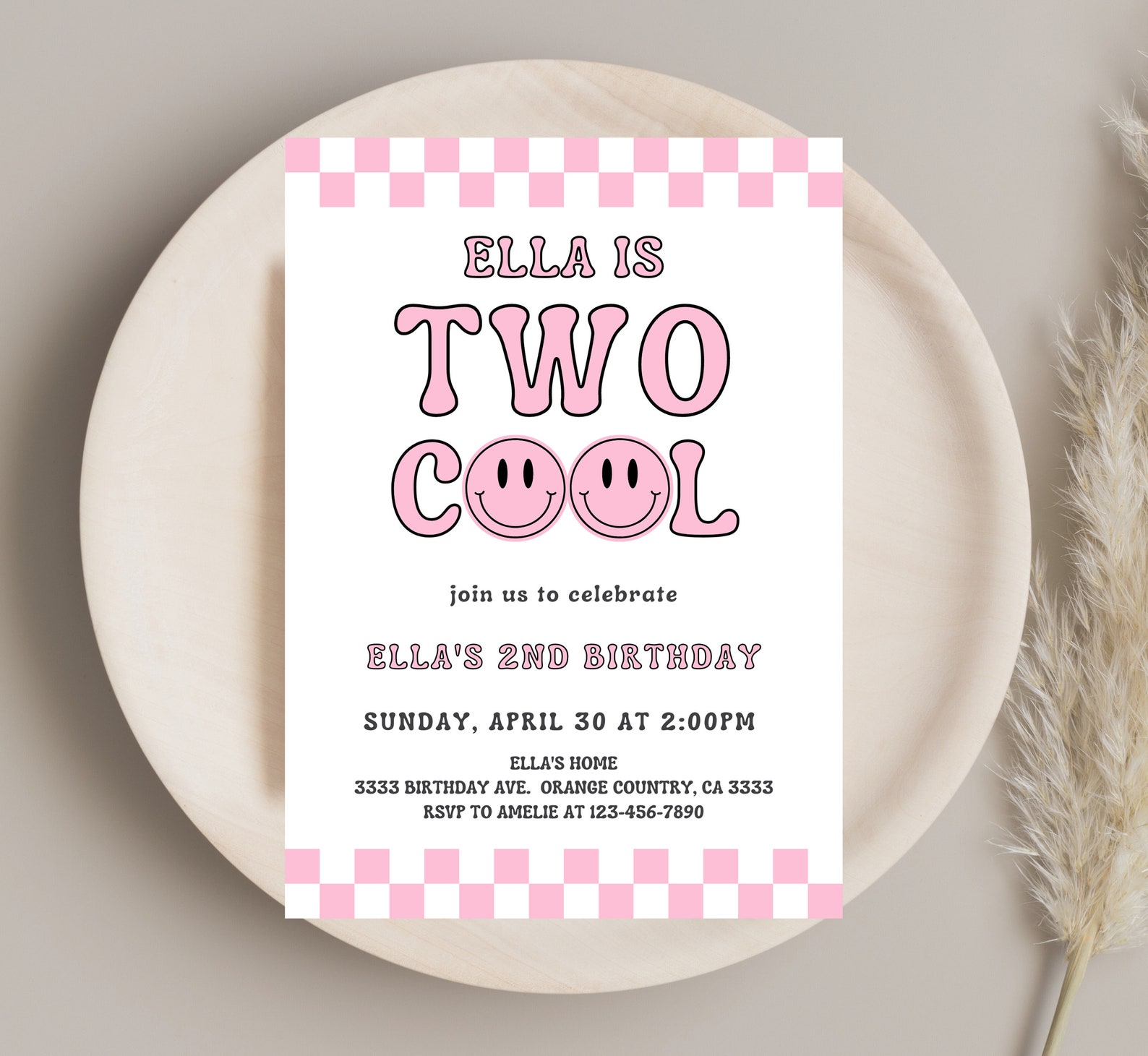 Two Cool Invitation for Girl Happy Face Invite Checkered Invitation ...